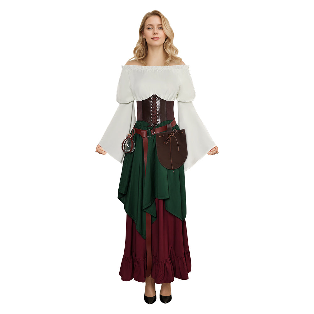 Medieval Renaissance Retro Women Dress 7 Piece Set Cosplay Costume Out ...