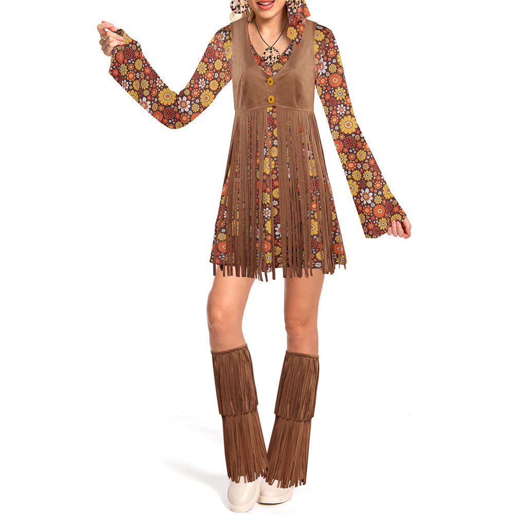 Retro 70s Disco Women Hippie Skirt 7 Piece Set Cosplay Outfits Hallowe ...