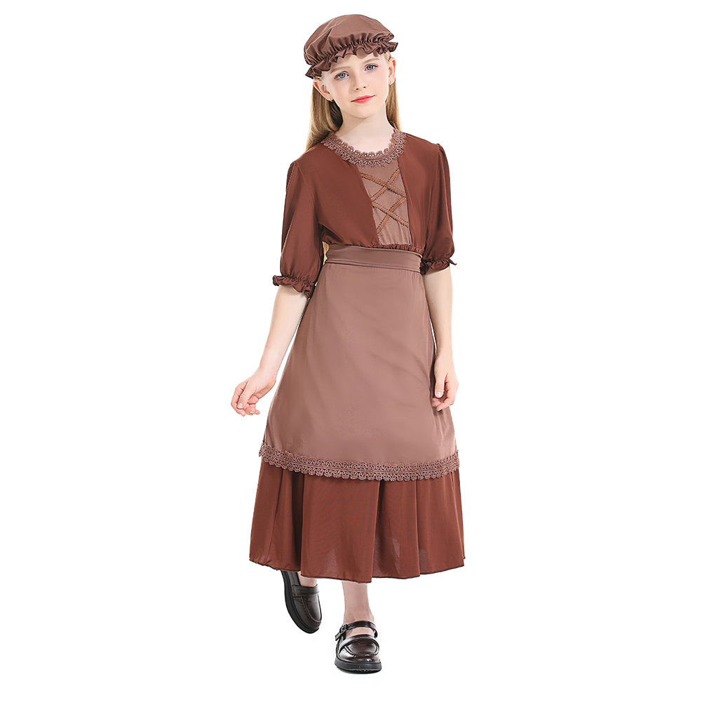 Colonial Style Kids Girls Brown Maid Lace Dress 3 Piece Set Cosplay Ou ...