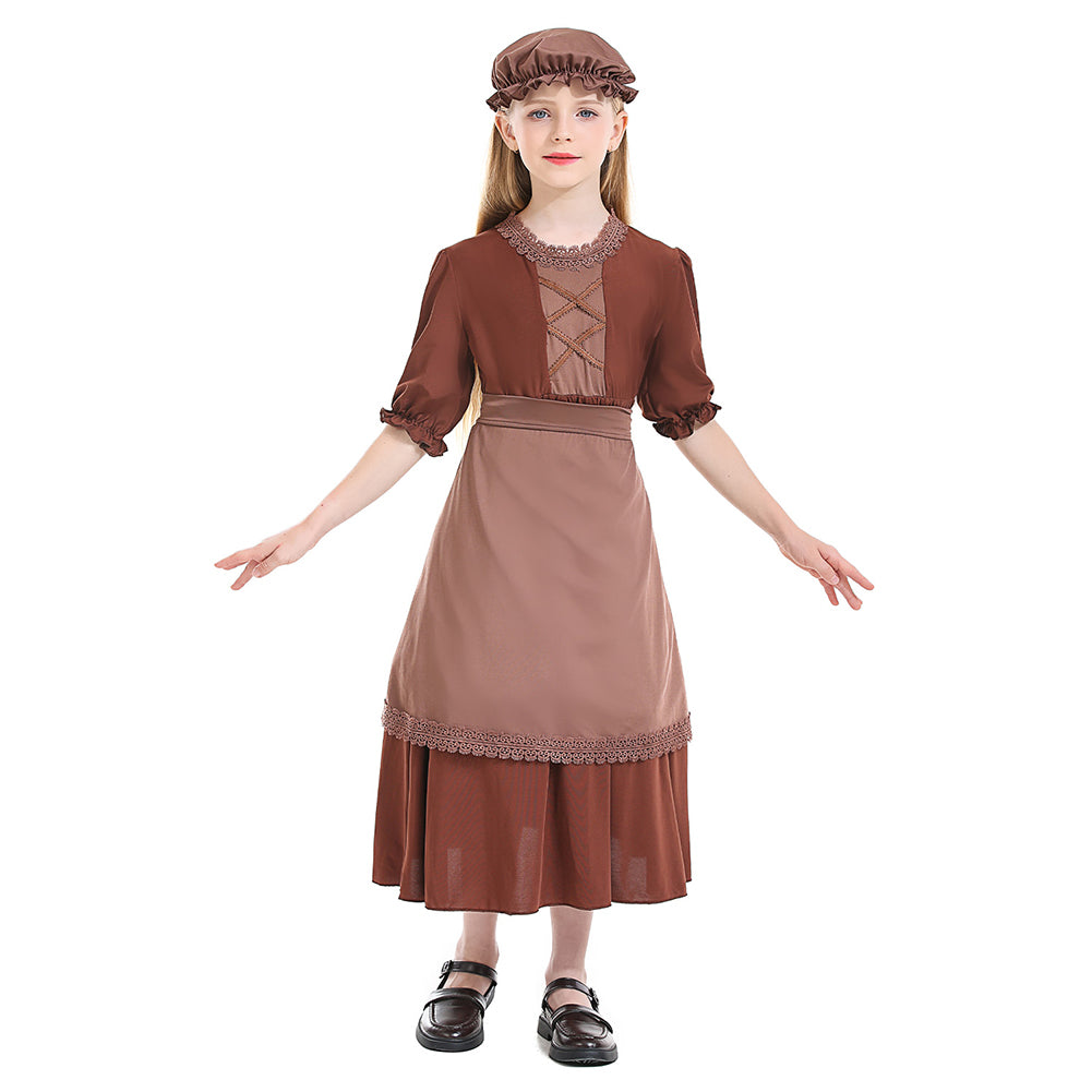 Colonial Style Kids Girls Brown Maid Lace Dress 3 Piece Set Cosplay Ou ...