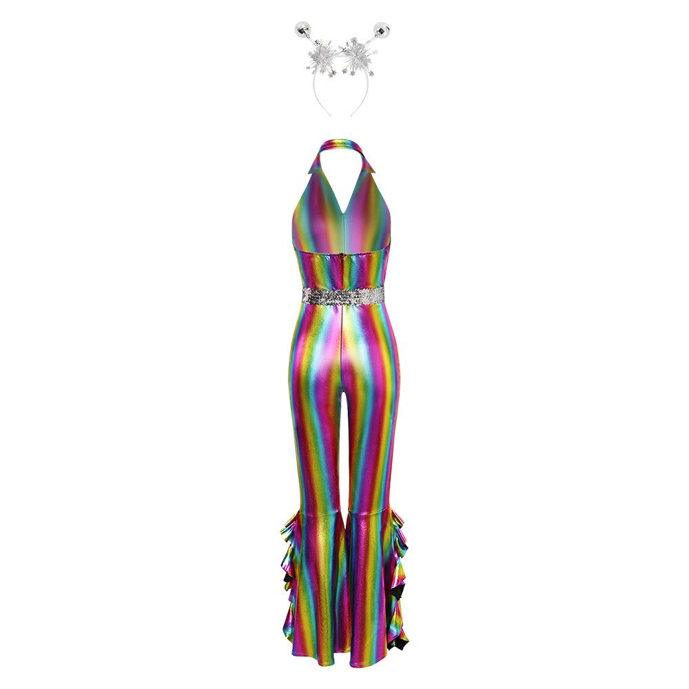 Disco Party Retro 70s Women Flared Jumpsuit 3 Piece Set Cosplay Outfit ...