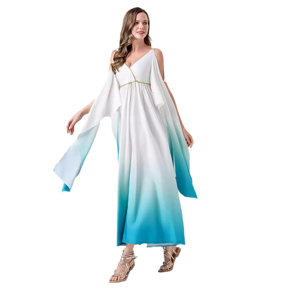 Greek Mythological Goddess Women Gradient Blue Long Dress Retro Mediev ...
