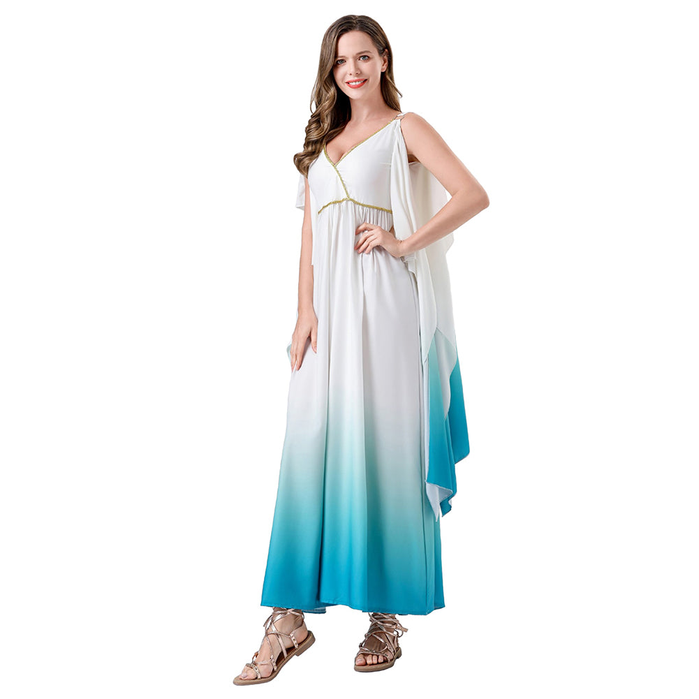 Greek Mythological Goddess Women Gradient Blue Long Dress Retro Mediev ...