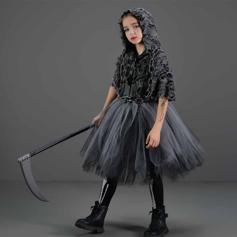Halloween Harvester Reaper Kids Girls 6 Piece Mesh Tutu Dress Set Cosp ...