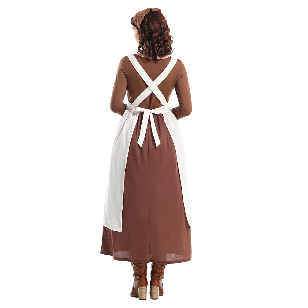 Medieval Colonial Style Estate Women Brown Maid Dress 3 Piece Set Cosp ...