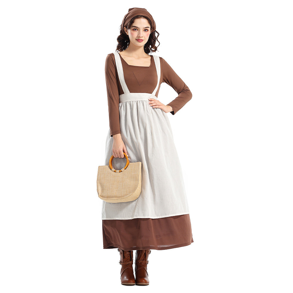 Medieval Colonial Style Estate Women Brown Maid Dress 3 Piece Set Cosp ...