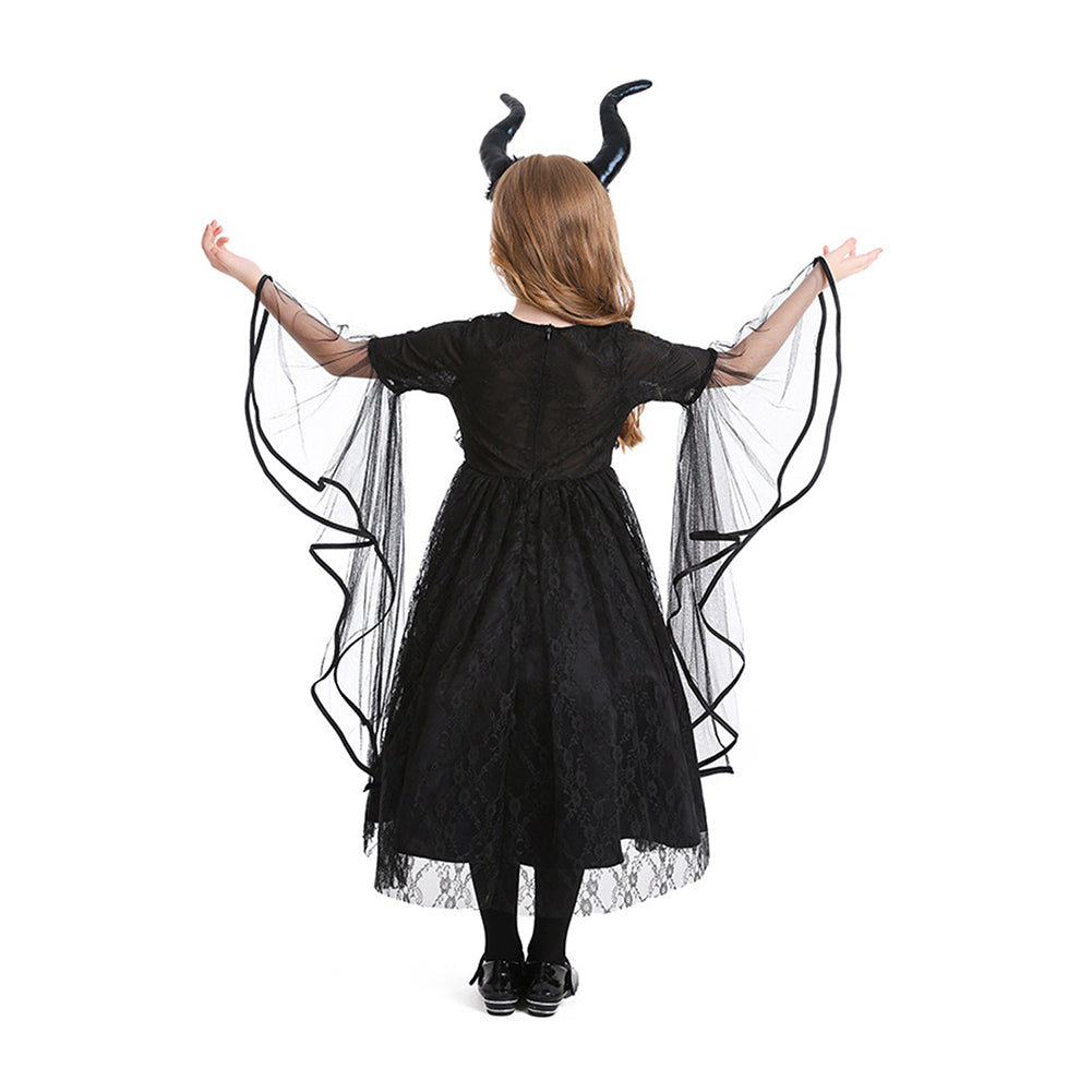 Medieval Gothic Black Wizard Cosplay Kids Girls Mesh Dress Costume Out ...