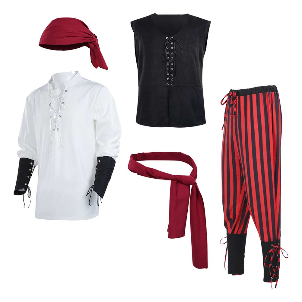 Medieval Renaissance Pirate Cosplay Red Striped Outfits Full Set Retro ...