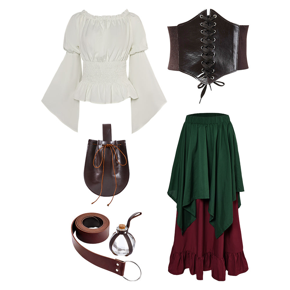 Medieval Renaissance Retro Women Dress 7 Piece Set Cosplay Costume Out ...