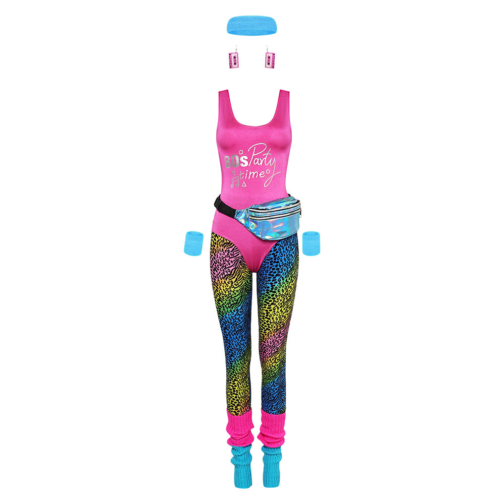 Retro 1980S Pink Disco Style Fitness Clothing 7 Piece Jumpsuit Accesso ...
