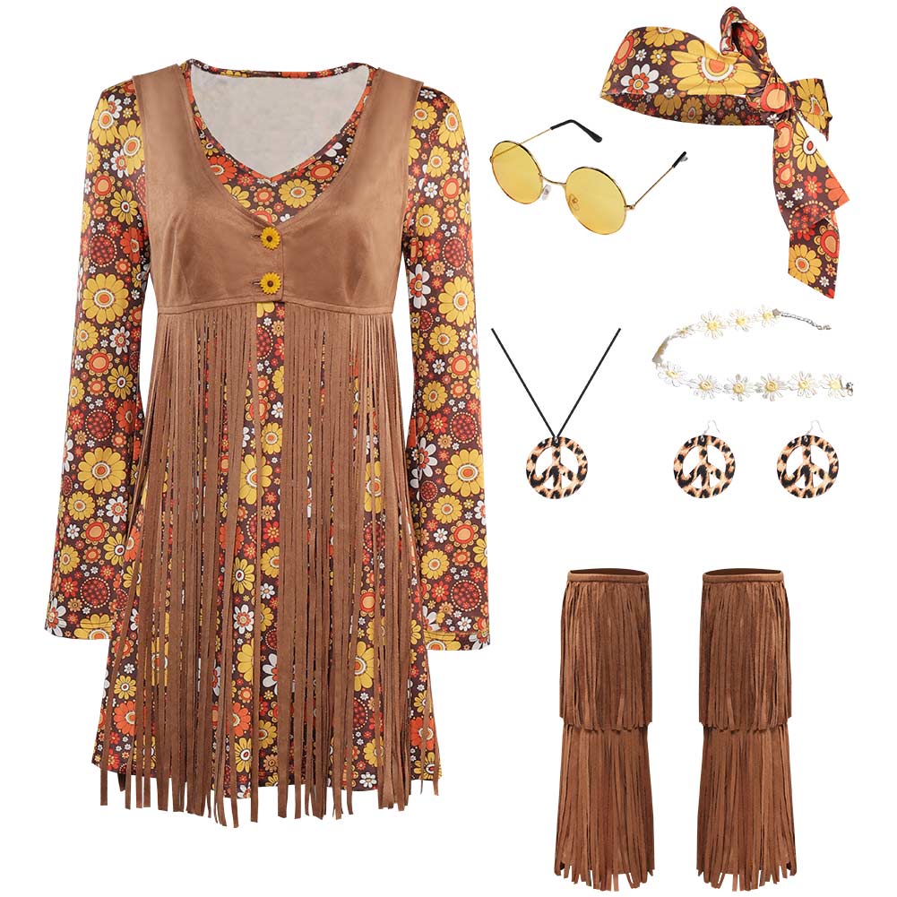 Retro 70s Disco Women Hippie Skirt 7 Piece Set Cosplay Outfits Hallowe ...