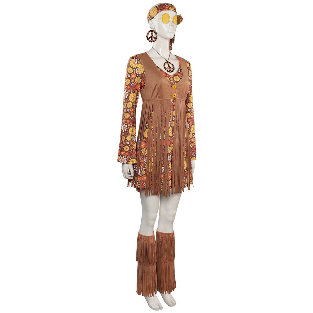 Retro 70s Disco Women Hippie Skirt 7 Piece Set Cosplay Outfits Hallowe ...