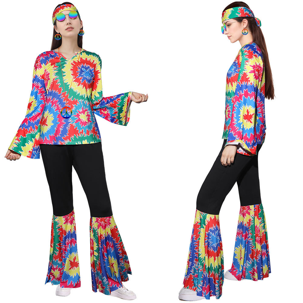 Retro 70s Hip Hop Hippy Colorful Printed 7 Piece Set Cosplay Outfits H ...