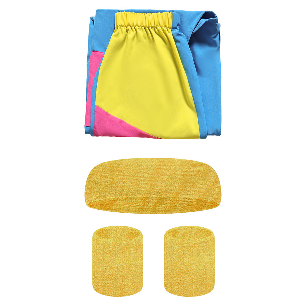 Retro 80s Women 3 Piece Set Blue Color Block Overalls Cosplay Outfits ...