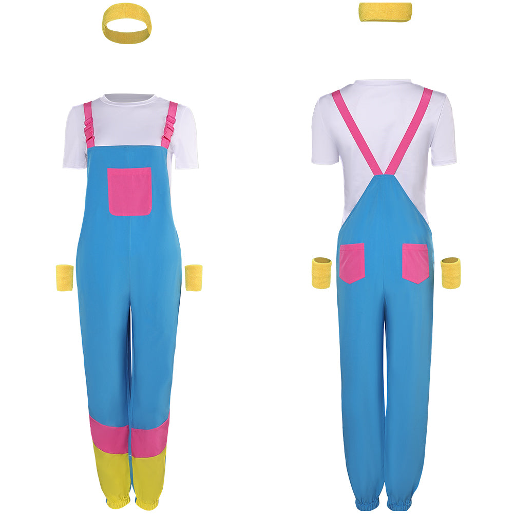 Retro 80s Women 3 Piece Set Blue Color Block Overalls Cosplay Outfits ...