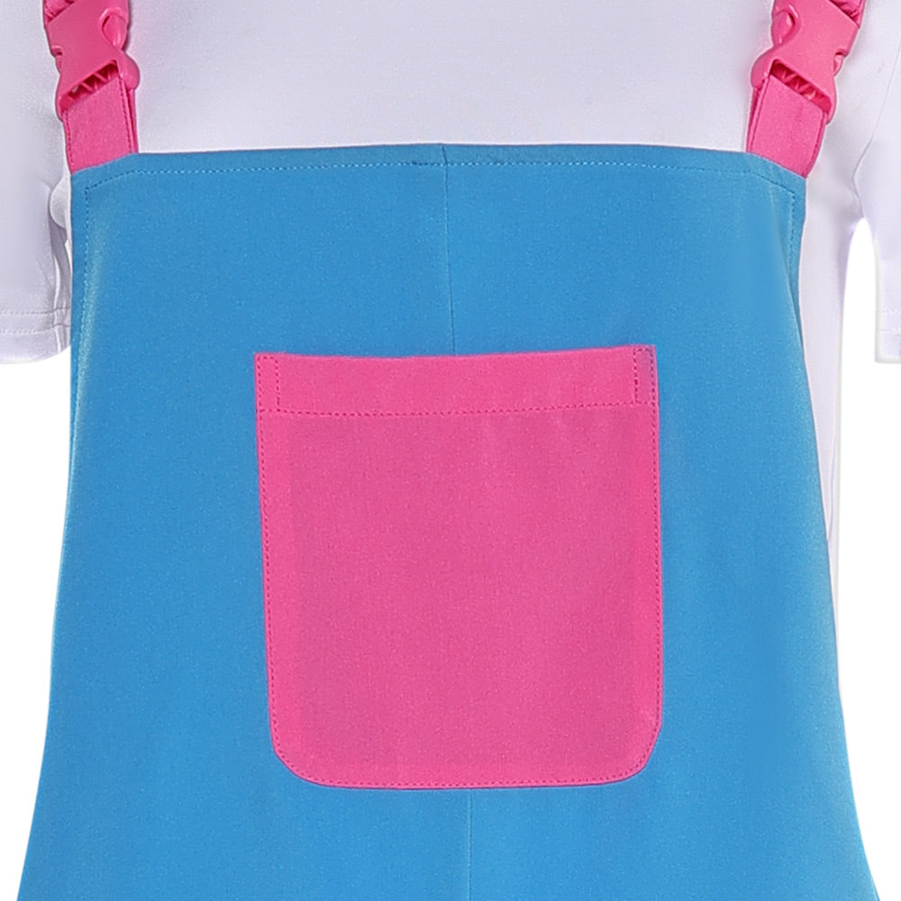 Retro 80s Women 3 Piece Set Blue Color Block Overalls Cosplay Outfits ...