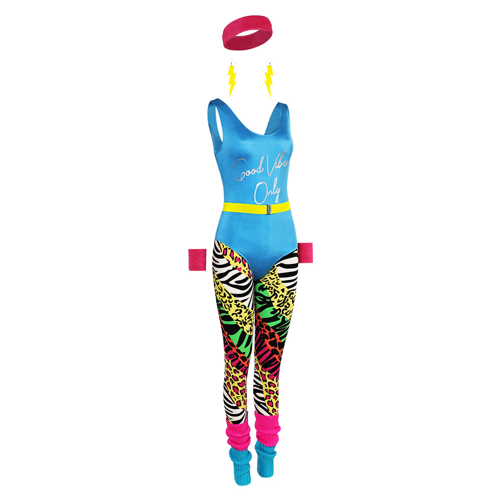 Retro 80s Women Blue Disco Workout Sportswear 7 Piece Set Cosplay Outf ...