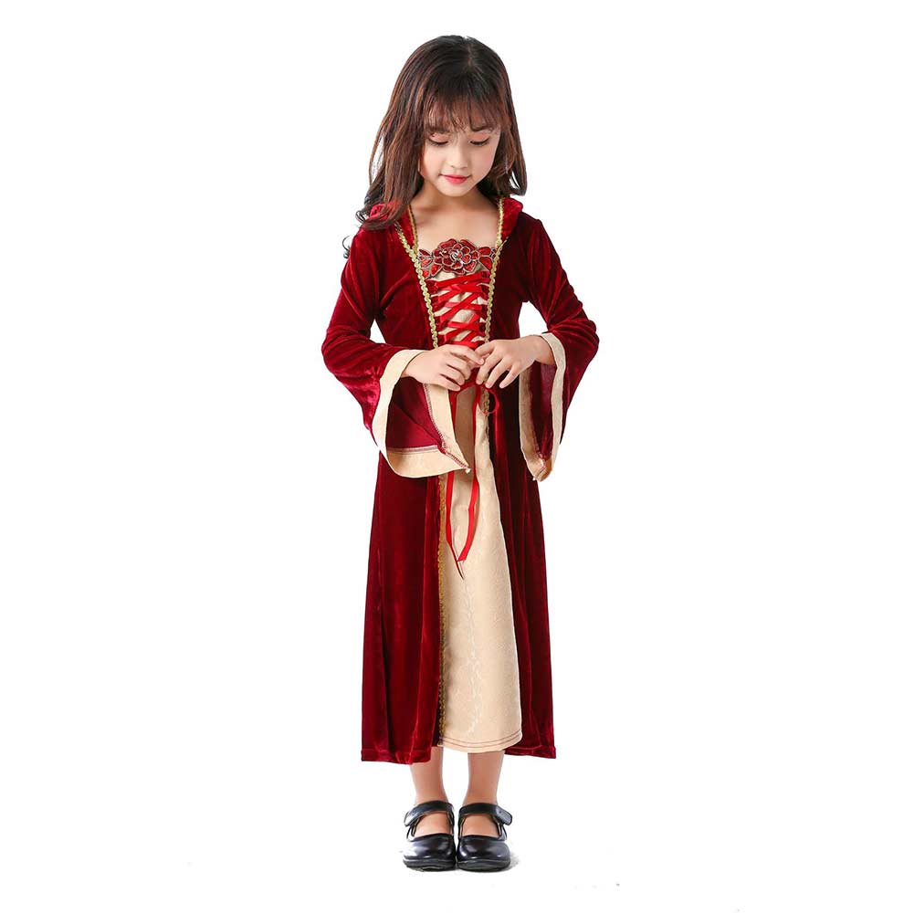 Retro Medieval European Court Kids Girls Red Princess Dress Cosplay Ou ...
