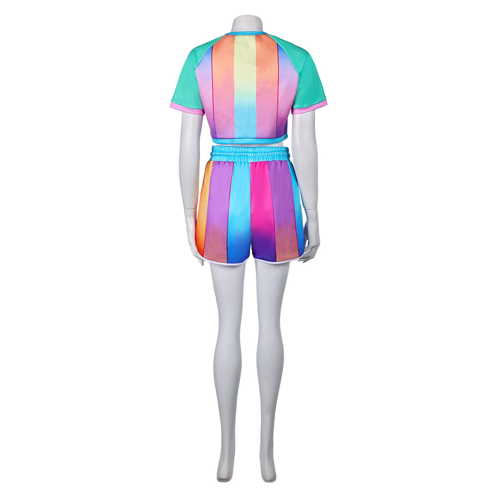Retro Women Rainbow Striped Shorts Sportswear 2 Piece Set Cosplay Outf ...