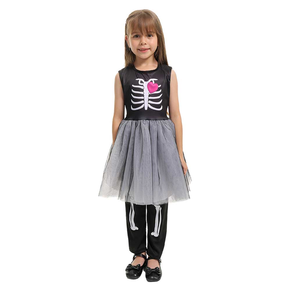 Skeleton Skull Kids Girl Cosplay Uniform Dress Costume Outfits Hallowe ...