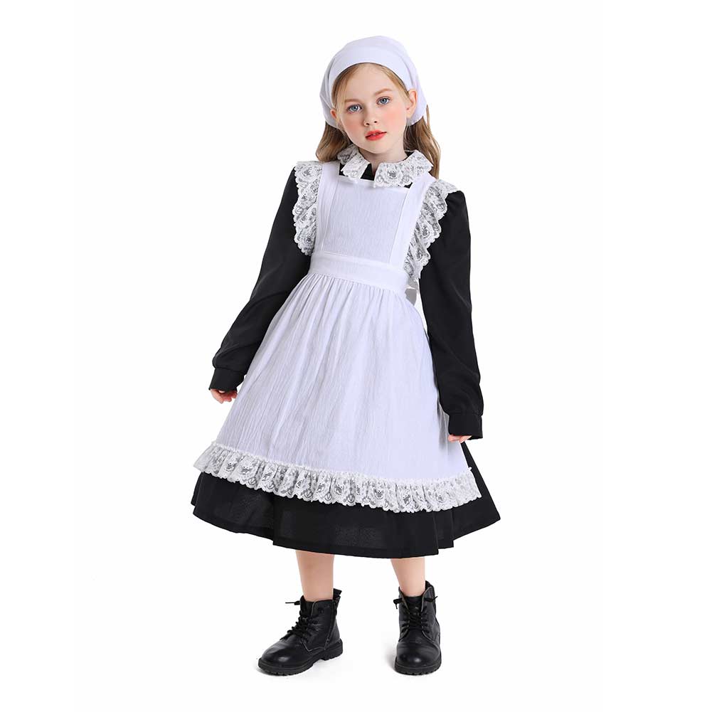Thanksgiving Retro Kids Girls Colonial Style Black Pastoral Maid Dress ...