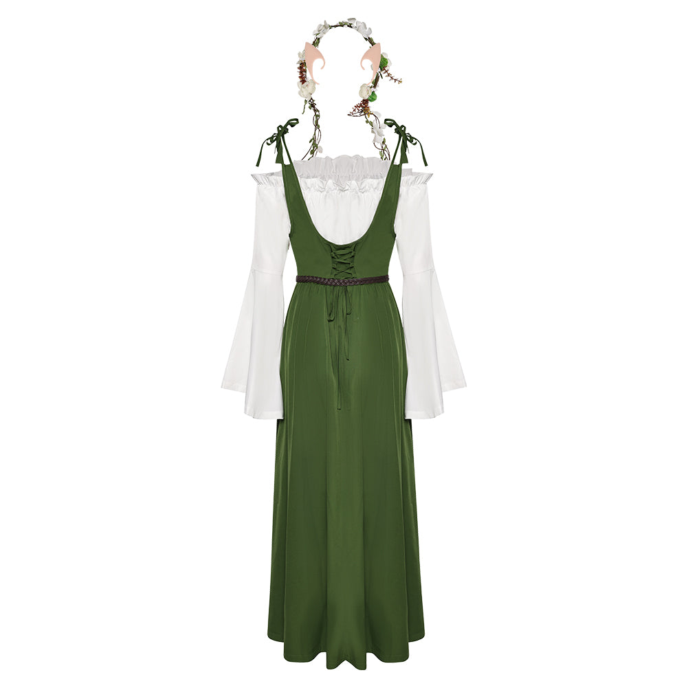 Women Ladies Renaissance Retro 6 Piece Set Green Dress Cosplay Costume ...