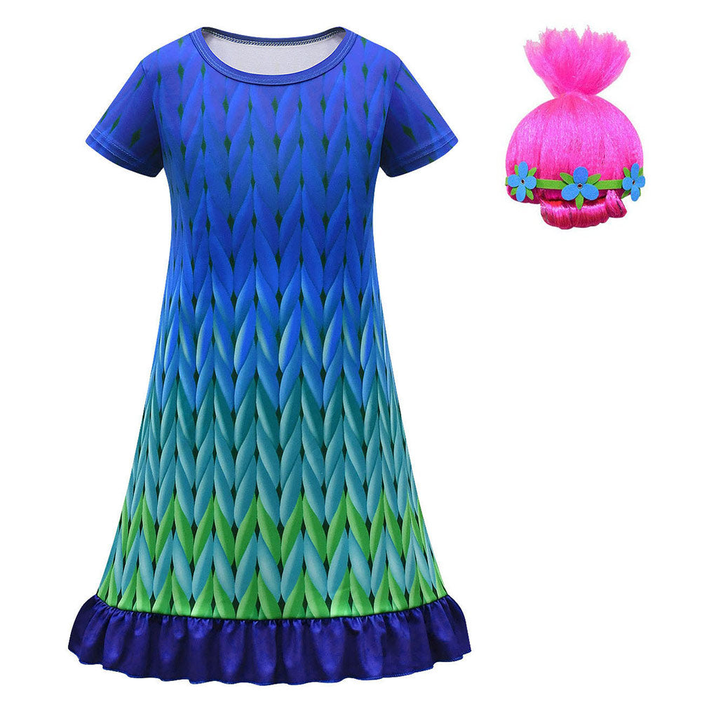 Trolls 3 Queen Poppy Elf Princess Kids Girls Cosplay Ruffled Dress Hal ...
